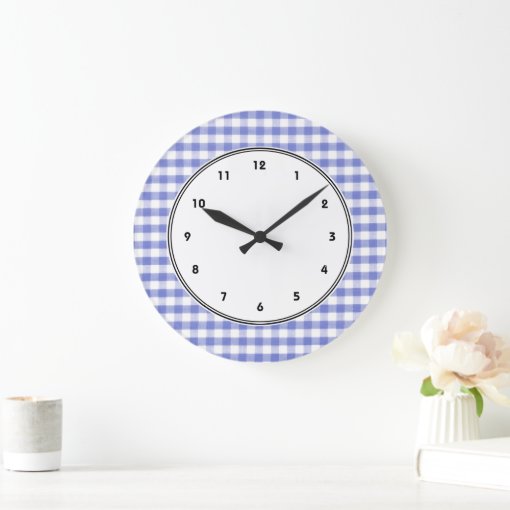 Dark blue gingham pattern large clock | Zazzle