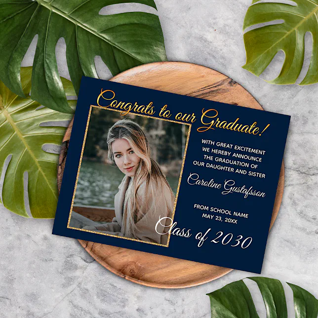 Dark Blue Gold Glitter Graduation Announcement Postcard | Zazzle