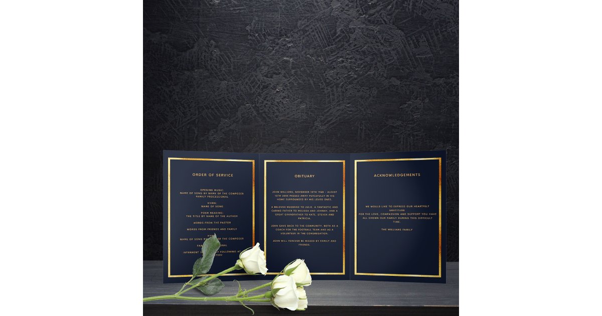Dark blue gold photo tri-fold funeral program | Zazzle