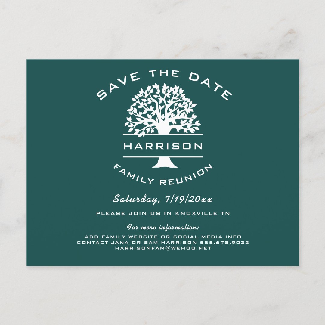 Dark Blue Green Family Tree Reunion Save the Date Announcement Postcard ...