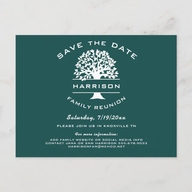 Dark Blue Green Family Tree Reunion Save the Date Announcement Postcard ...
