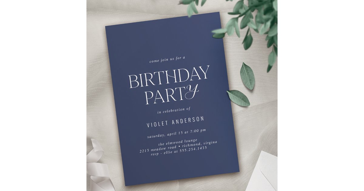 Dark Blue Navy | Modern Sleek Birthday Invitation | Zazzle