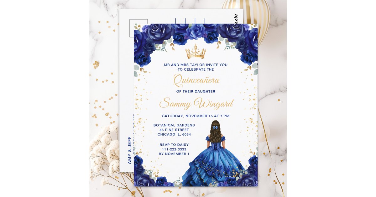 Dark Blue Princess Floral Quinceañera Postcard | Zazzle