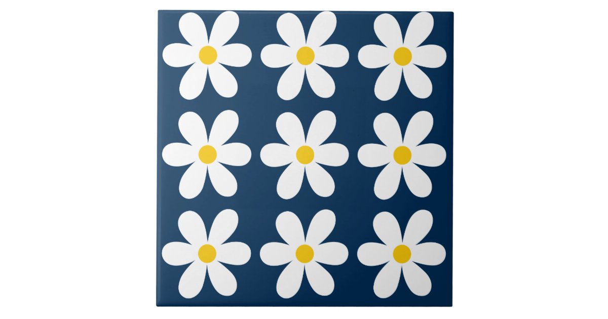 Dark Blue Retro Daisy Floral Pattern Ceramic Tile | Zazzle