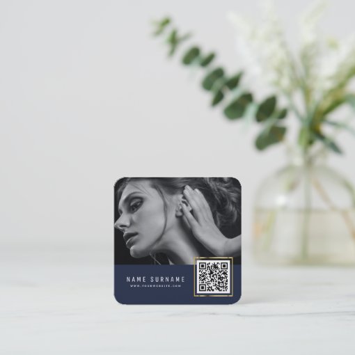 Dark blue scannable barcode QR code photo Square Business Card | Zazzle