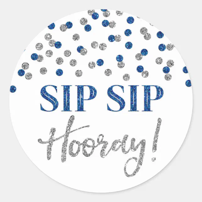 Dark Blue Silver Confetti Sip Sip Hooray Classic Round Sticker | Zazzle