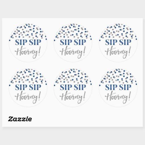 Dark Blue Silver Confetti Sip Sip Hooray Classic Round Sticker | Zazzle