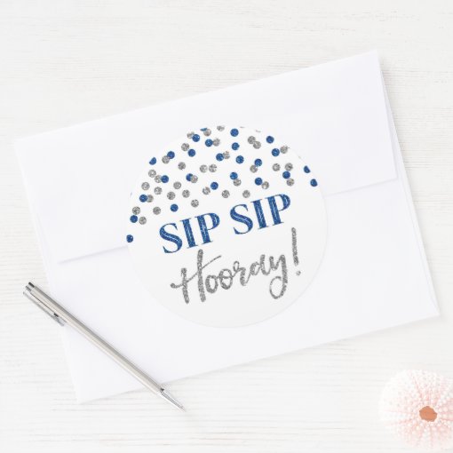 Dark Blue Silver Confetti Sip Sip Hooray Classic Round Sticker | Zazzle