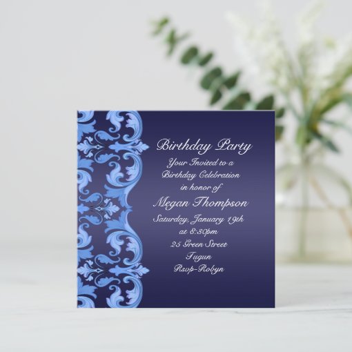 Dark Blue Swirl Damask Birthday Invitation | Zazzle