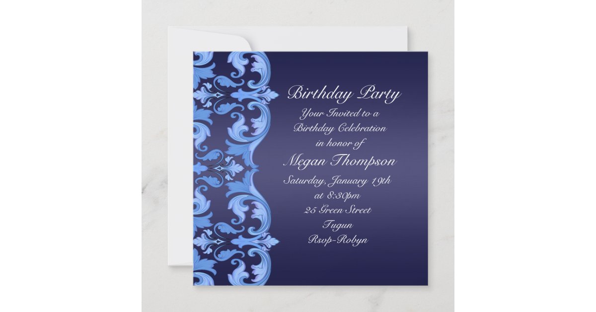 Dark Blue Swirl Damask Birthday Invitation | Zazzle