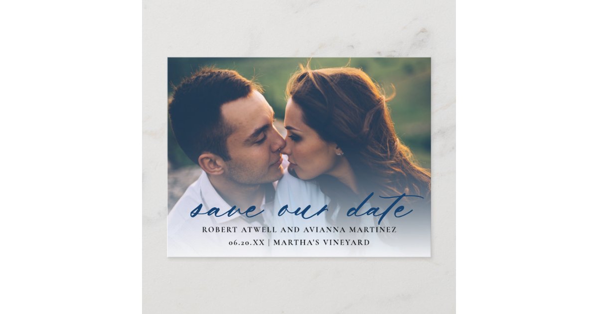 Dark Blue Text Photo Wedding Save the Date Announcement Postcard | Zazzle