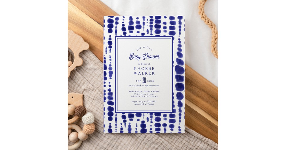 Dark Blue Tie Dye Shibori Indigo Baby Shower Invitation | Zazzle
