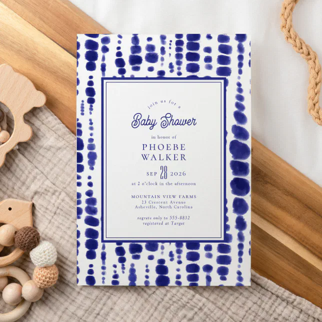 Dark Blue Tie Dye Shibori Indigo Baby Shower Invitation | Zazzle
