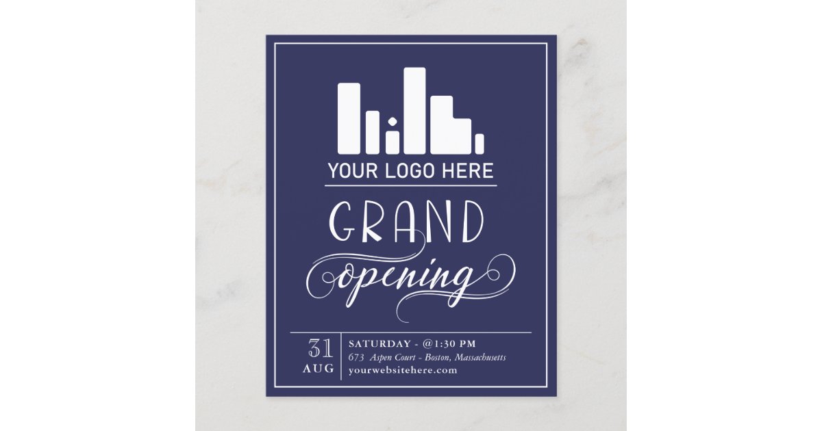 Dark Blue & White Grand Opening Your Logo Invitati Flyer | Zazzle