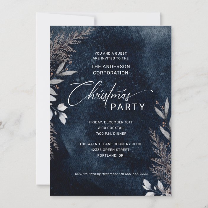 Dark Blue Winter Foliage Corporate Christmas Party Invitation | Zazzle.com