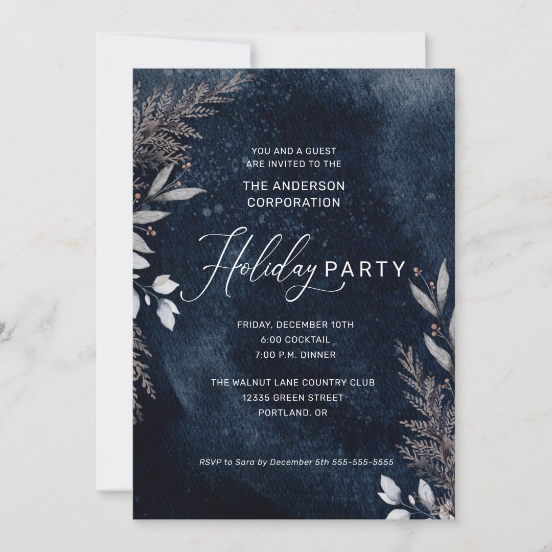 Dark Blue Winter Foliage Corporate Holiday Party Invitation | Zazzle