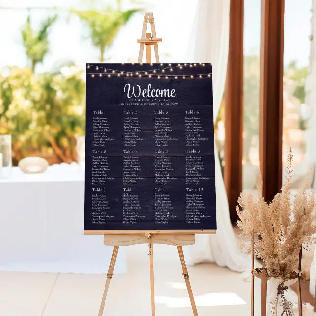 Dark Blue Wood String Light Wedding Seating Chart Foam Board | Zazzle