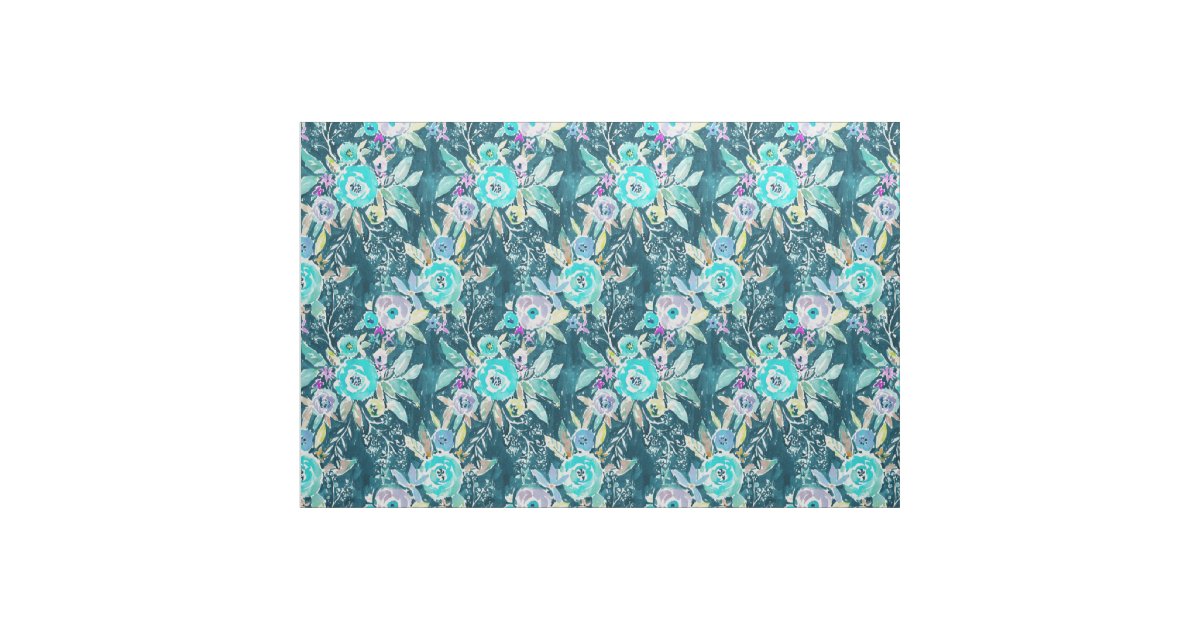 Dark Boho Blue Floral Watercolor Pattern Fabric | Zazzle