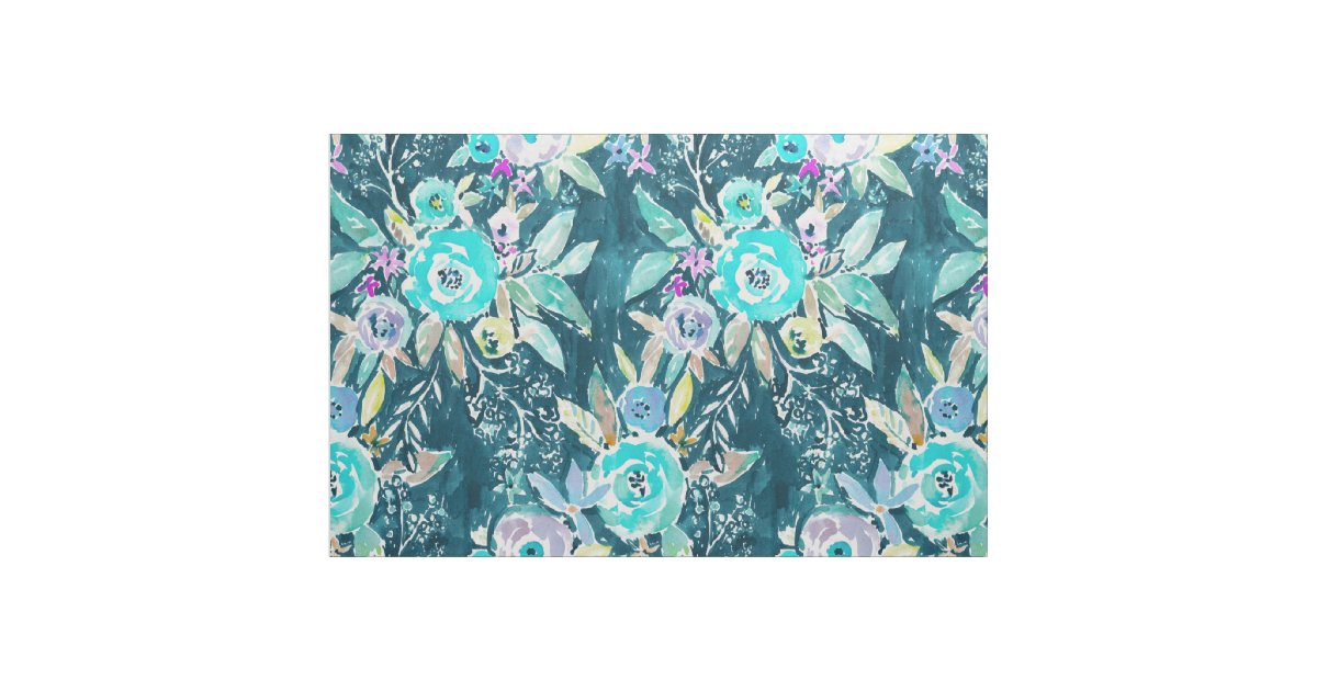 Dark Boho Blue Floral Watercolor Pattern Fabric | Zazzle