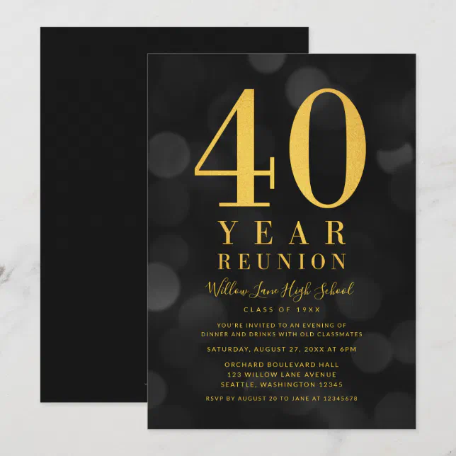 Dark Bokeh Lights 40 Year Class Reunion Invitation | Zazzle