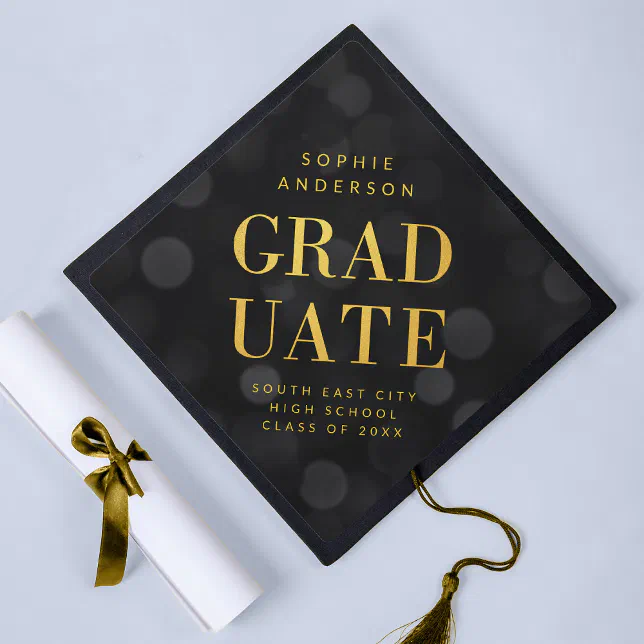 Dark Bokeh Lights Faux Gold Graduate Graduation Cap Topper | Zazzle