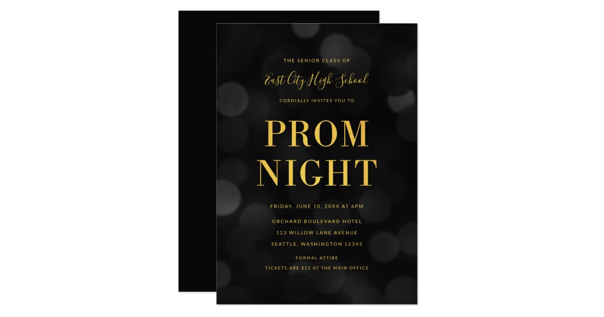 Dark Bokeh Lights Faux Gold High School Prom Invitation | Zazzle.com