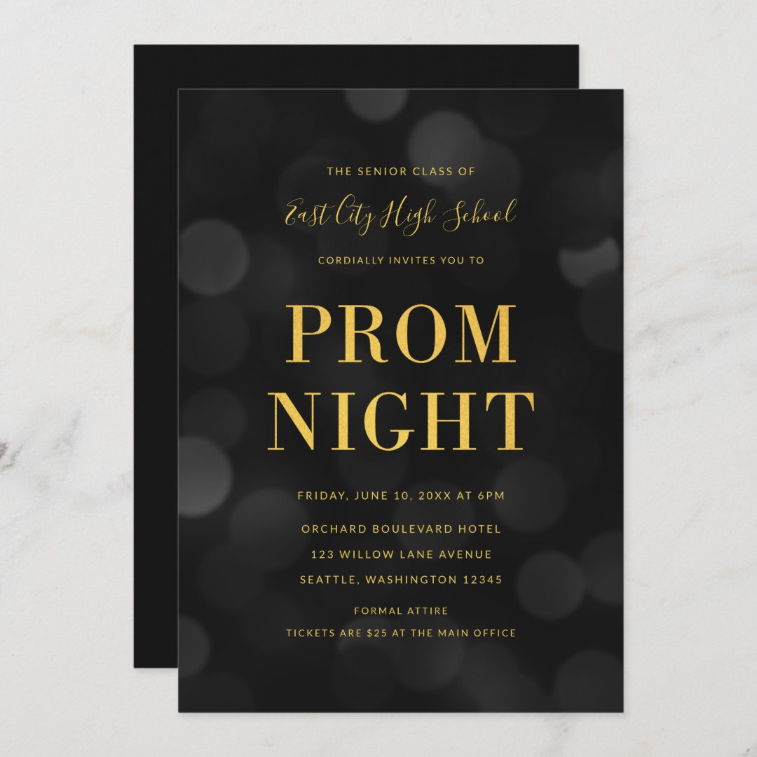 Dark Bokeh Lights Faux Gold High School Prom Invitation | Zazzle
