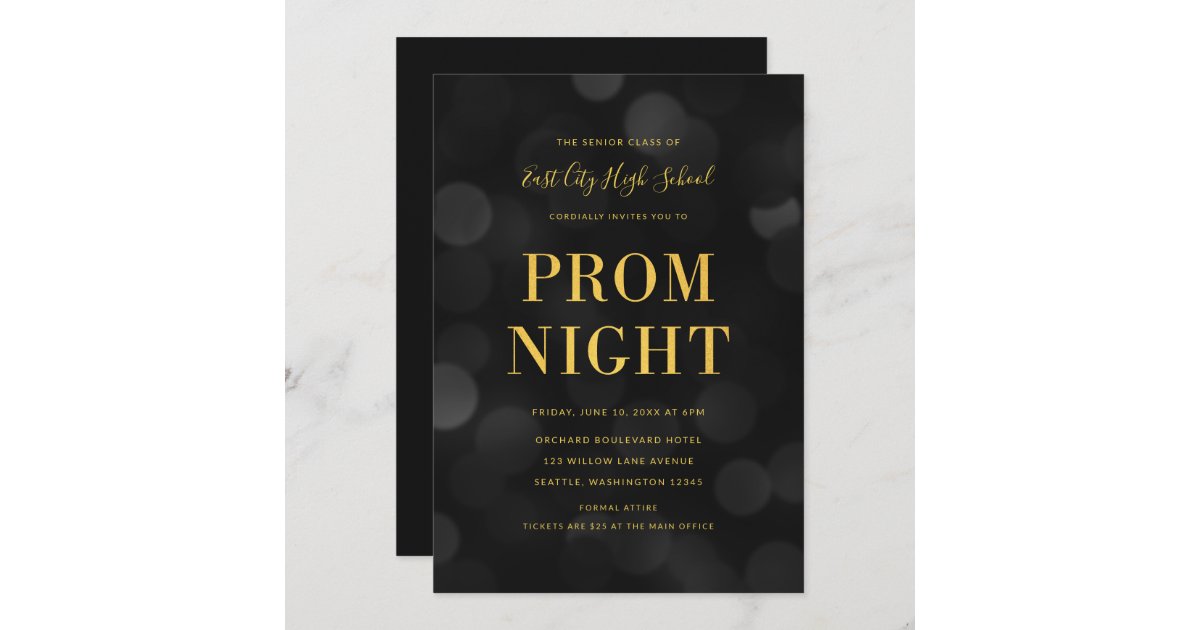 Dark Bokeh Lights Faux Gold High School Prom Invitation | Zazzle