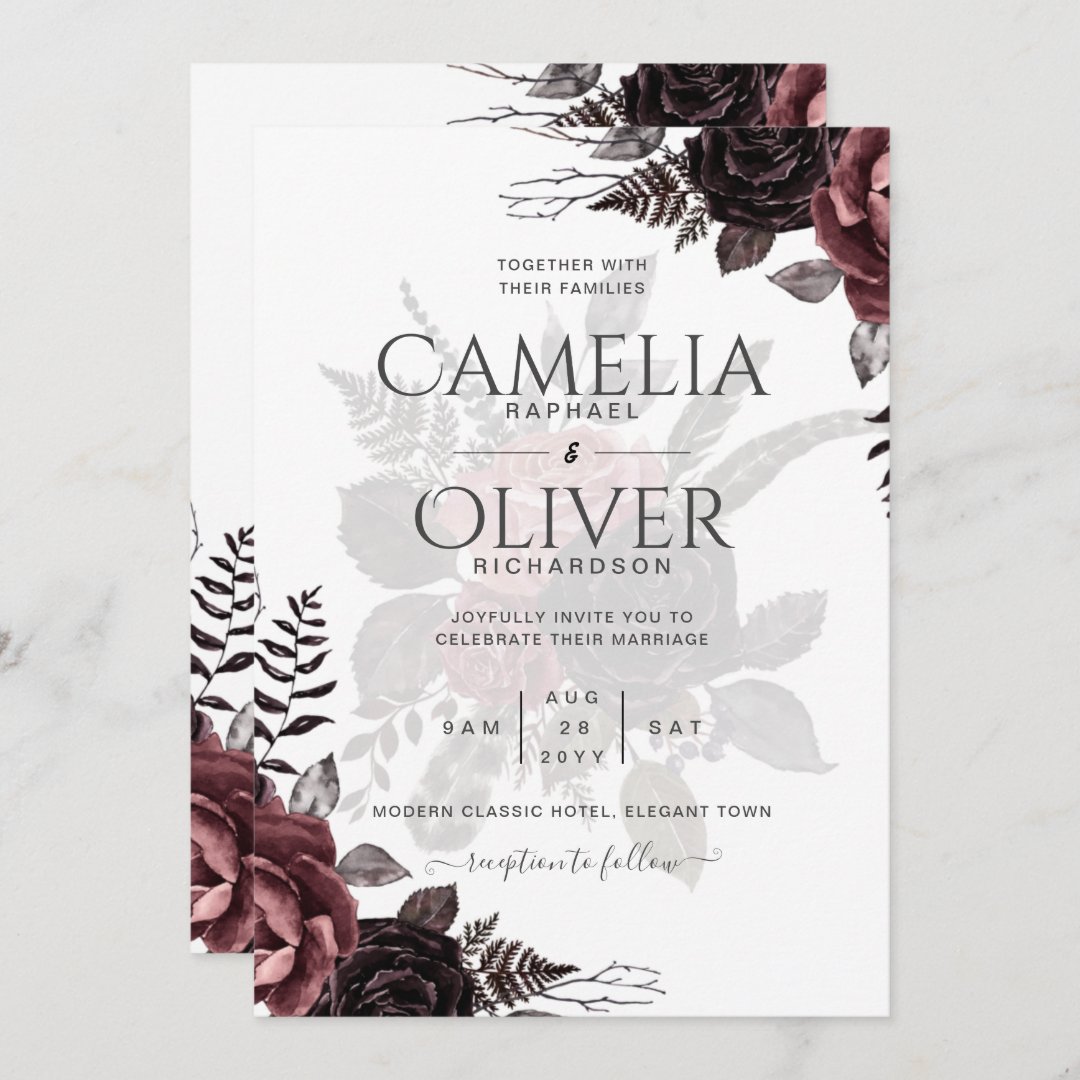 Dark Burgundy Black Roses Wedding Fall Winter Invitation | Zazzle