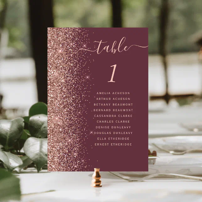 Dark Burgundy Rose Gold Glitter Wedding Table Number | Zazzle