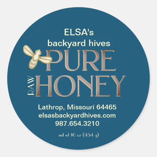 Dark Cerulean Honey Label with gold drip and bee | Zazzle