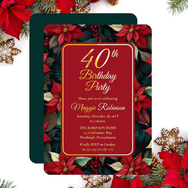 Dark Christmas Holiday Floral 40th Birthday Party Foil Invitation | Zazzle