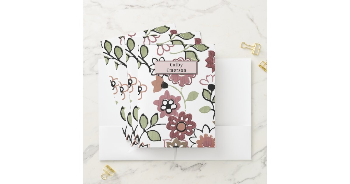 Dark Dusty Rose Vintage Mauve Flowers Retro Floral Pocket Folder | Zazzle