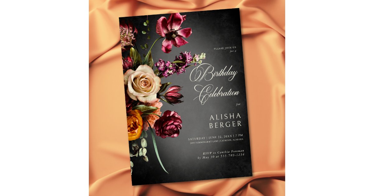 Dark Elegant Autumn Floral Birthday Invitation | Zazzle