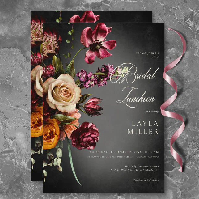 Dark Elegant Blur Autumn Floral Bridal Luncheon Invitation | Zazzle