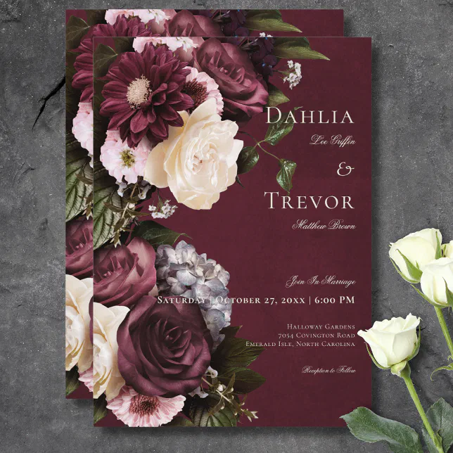Dark Elegant Burgundy & Cream Floral Wedding Invitation | Zazzle