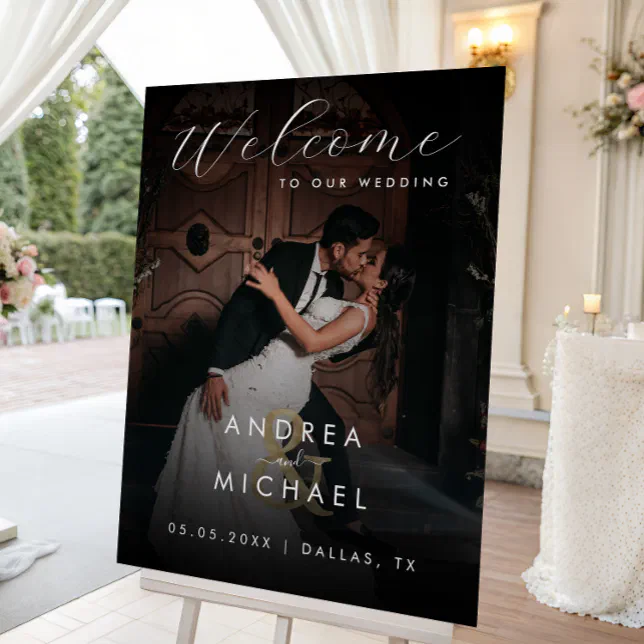 Dark Faded Photo Black Wedding Welcome Sign | Zazzle
