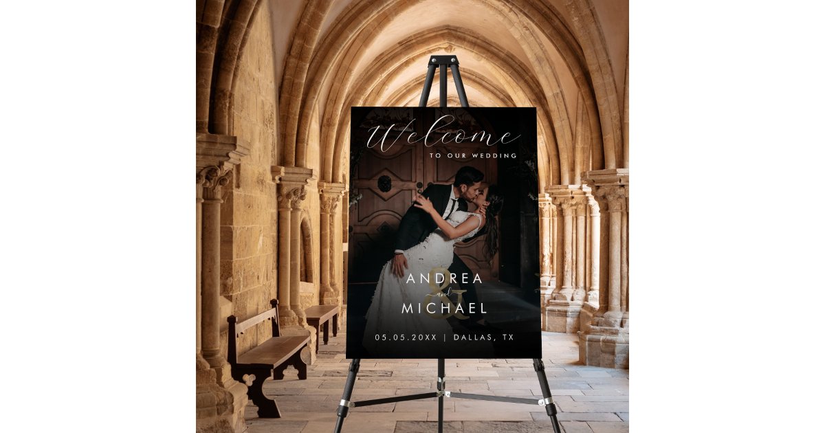 Dark Faded Photo Black Wedding Welcome Sign | Zazzle