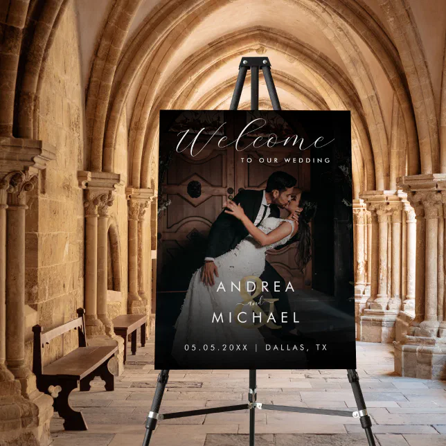 Dark Faded Photo Black Wedding Welcome Sign | Zazzle