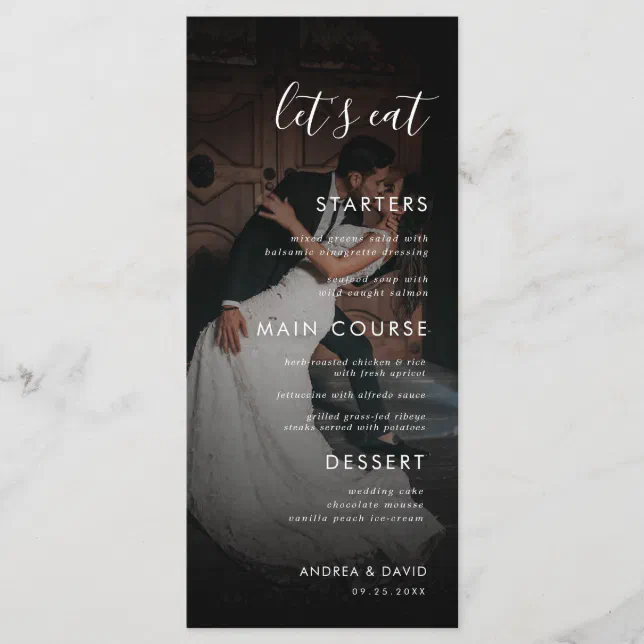 Dark Faded Photo Fading Overlay Let's Eat Wedding Menu | Zazzle