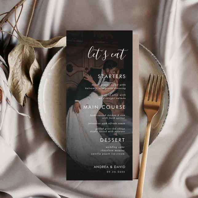 Dark Faded Photo Fading Overlay Let's Eat Wedding Menu | Zazzle