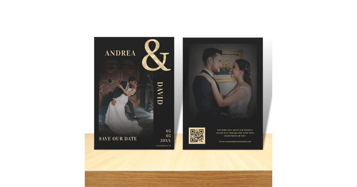 Dark Faded Photo Gold Ampersand QR Code Wedding Save The Date | Zazzle