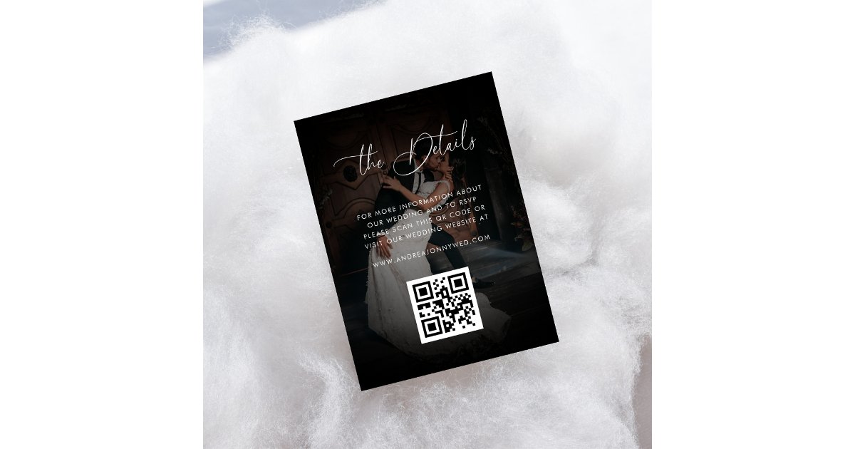 Dark Faded Photo QR Code Black Wedding Details Enclosure Card | Zazzle