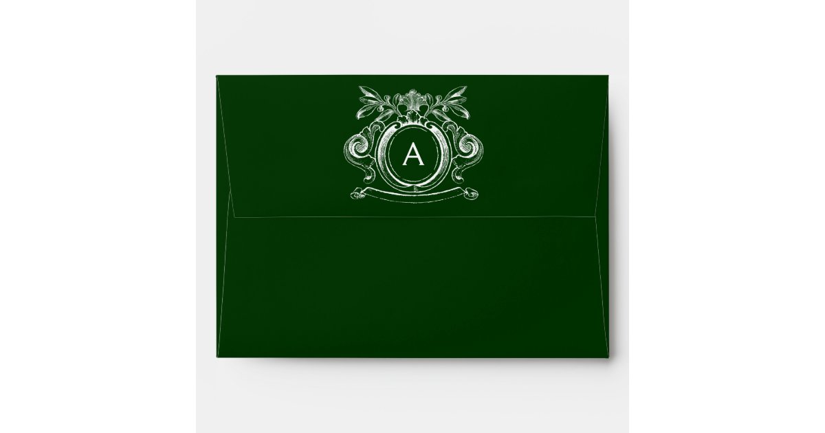 Dark Forest Green A7 Scrollwork Monogram Envelopes | Zazzle