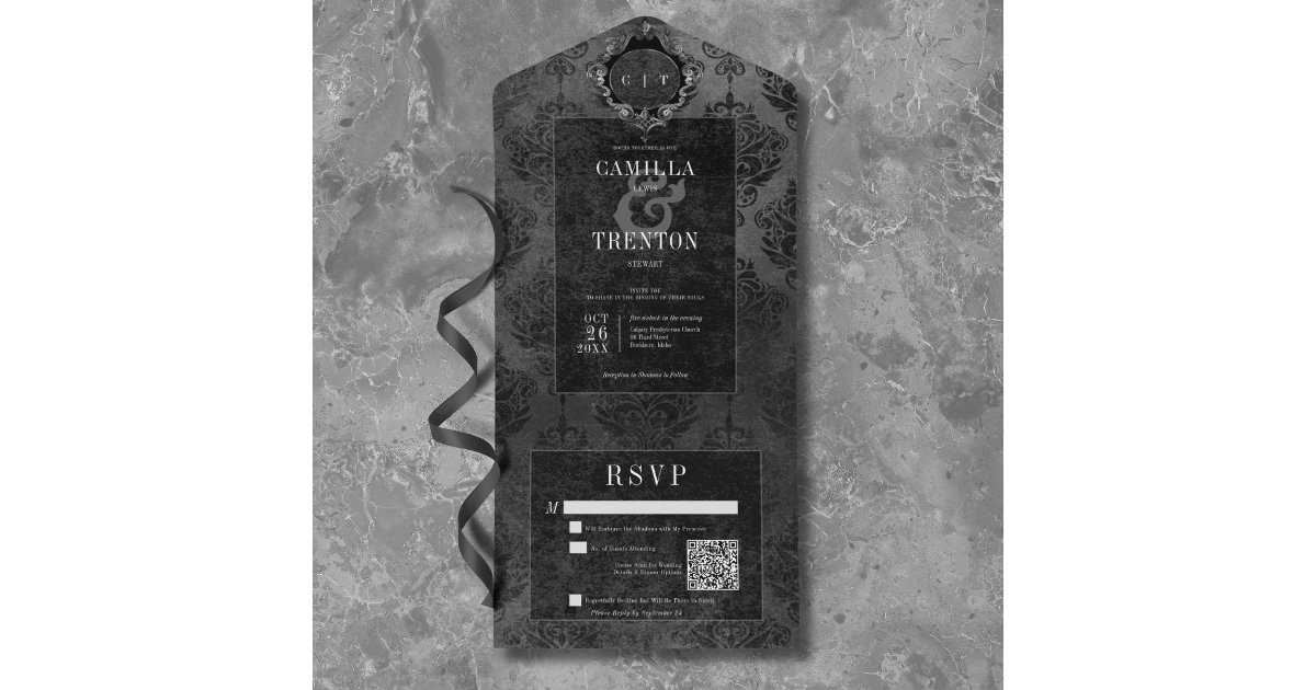 Dark Gothic Black & Black Damask QR Code All In One Invitation | Zazzle