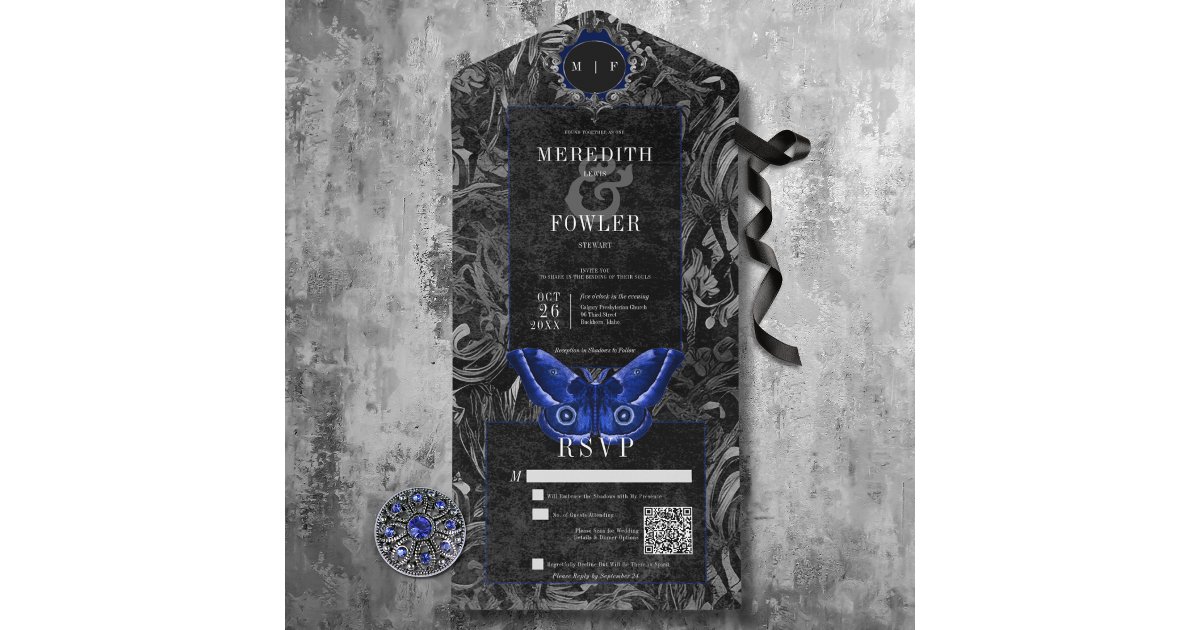 Dark Gothic Black & Blue Filigree Moth QR Code All In One Invitation ...