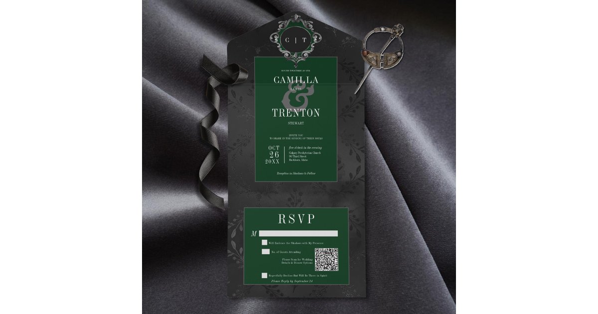 Dark Gothic Black & Emerald Floral Satin QR Code All In One Invitation ...