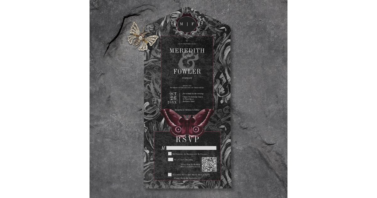 Dark Gothic Black & Gray Filigree Moth QR Code All In One Invitation ...