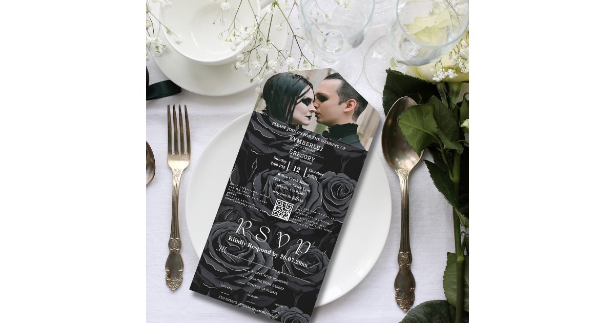 Dark Gothic Black Rose Floral QR Code Photo All In One Invitation | Zazzle