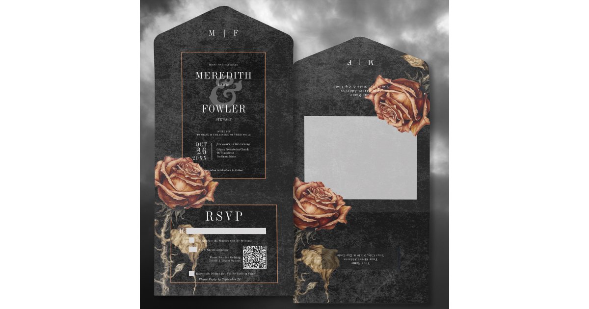 Dark Gothic Black & Rust Rose QR Code All In One Invitation | Zazzle